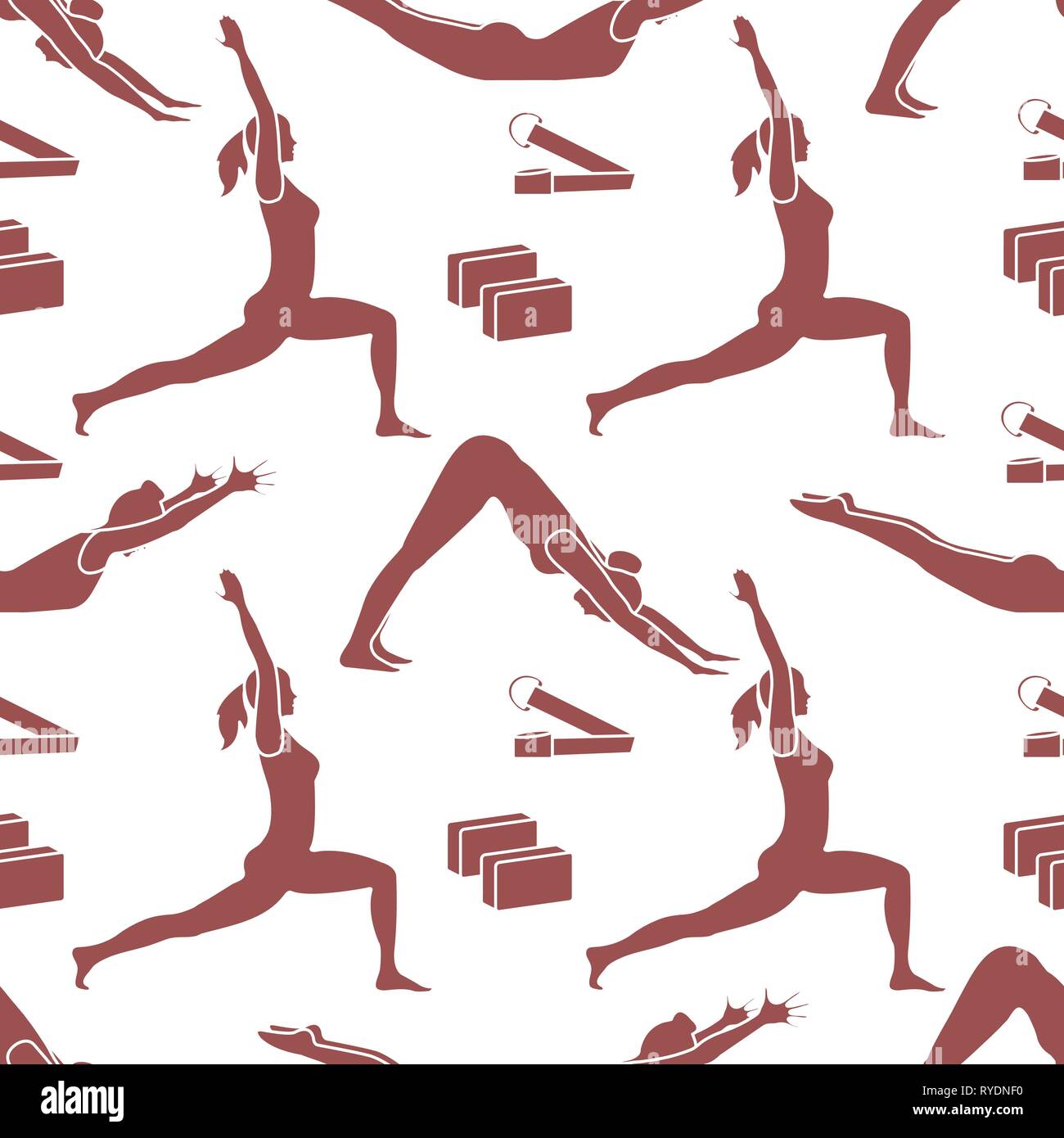 Seamless pattern with women in yoga poses, blocks, belt for yoga. Relax ...