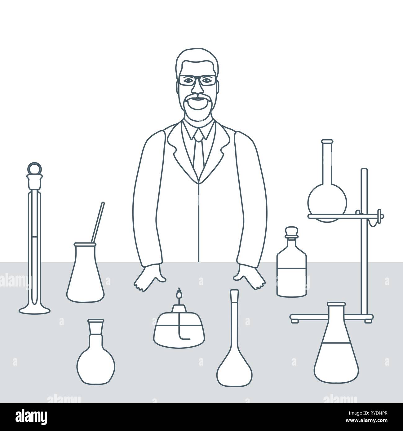 Vector illustration with scientist at work, glassware flasks, burner ...