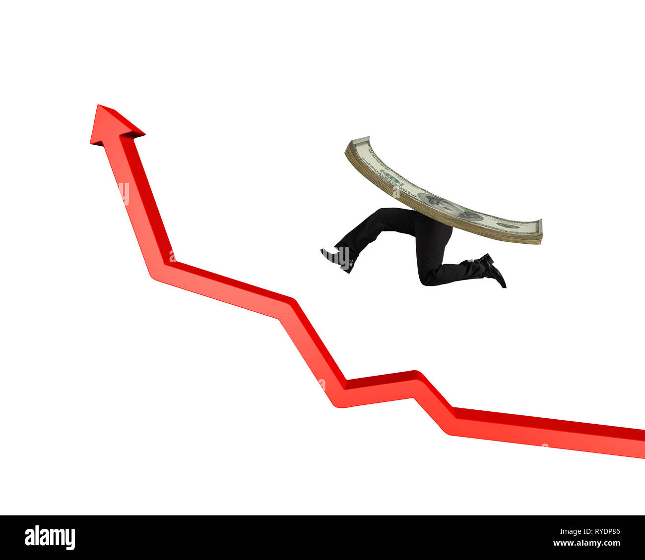 Money with human legs running on red arrow up graph, isolated on white ...