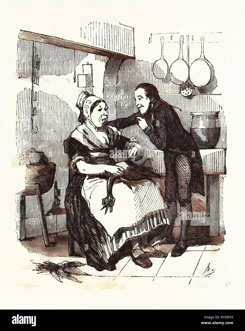 The Cook and Her Admirer in the Kitchen, Cleaning a Goose, Europe, 19th ...