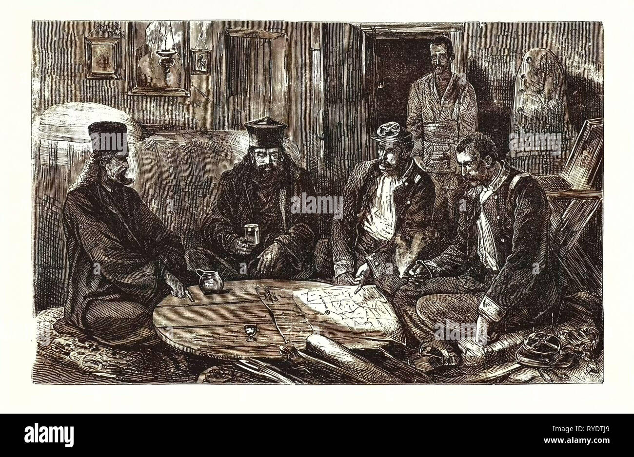 The War, Servian Staff Officers and Monks Holding a Council of War in ...