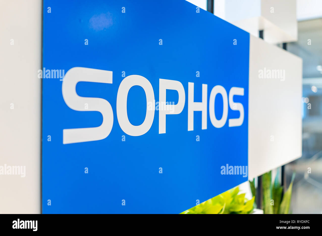 Reston, USA - February 2, 2019: Side closeup of blue sign in Sophos ...