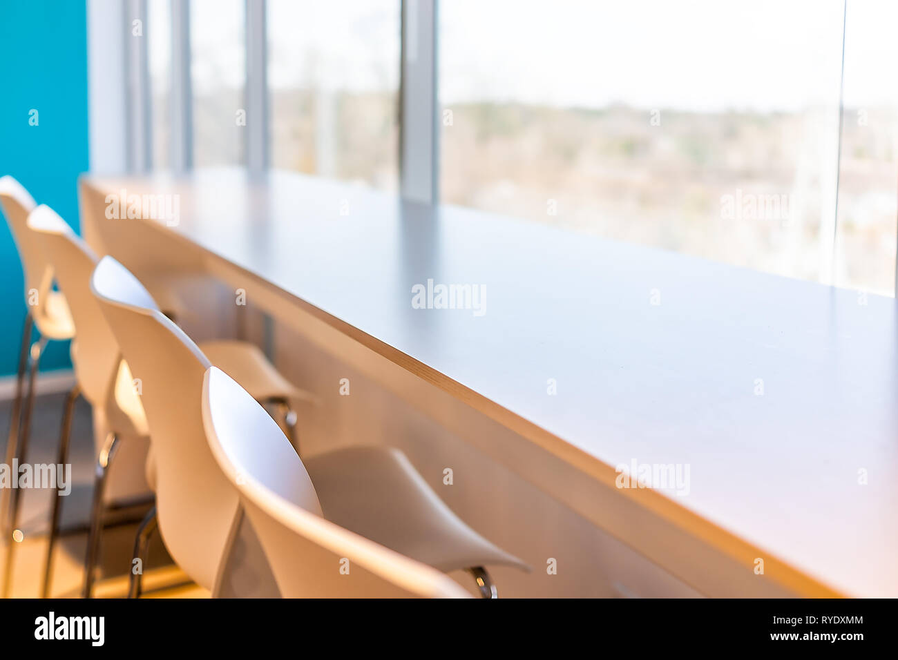 Closeup of new modern office room lunch kitchen bar in building with ...
