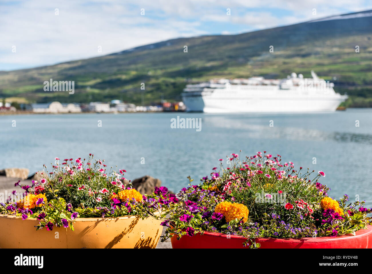 Akureyri, Iceland Fishing village town harbor marina with defocused ...