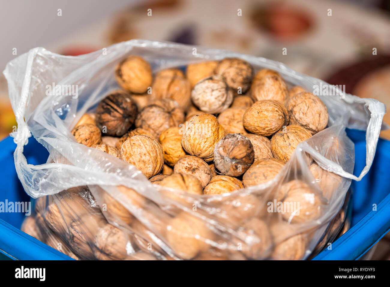 Macro closeup of many whole walnut nut unshelled brown color in shells ...