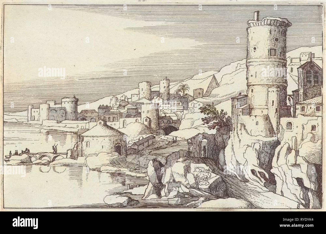 City with several towers on the waterfront in the foreground is a road ...