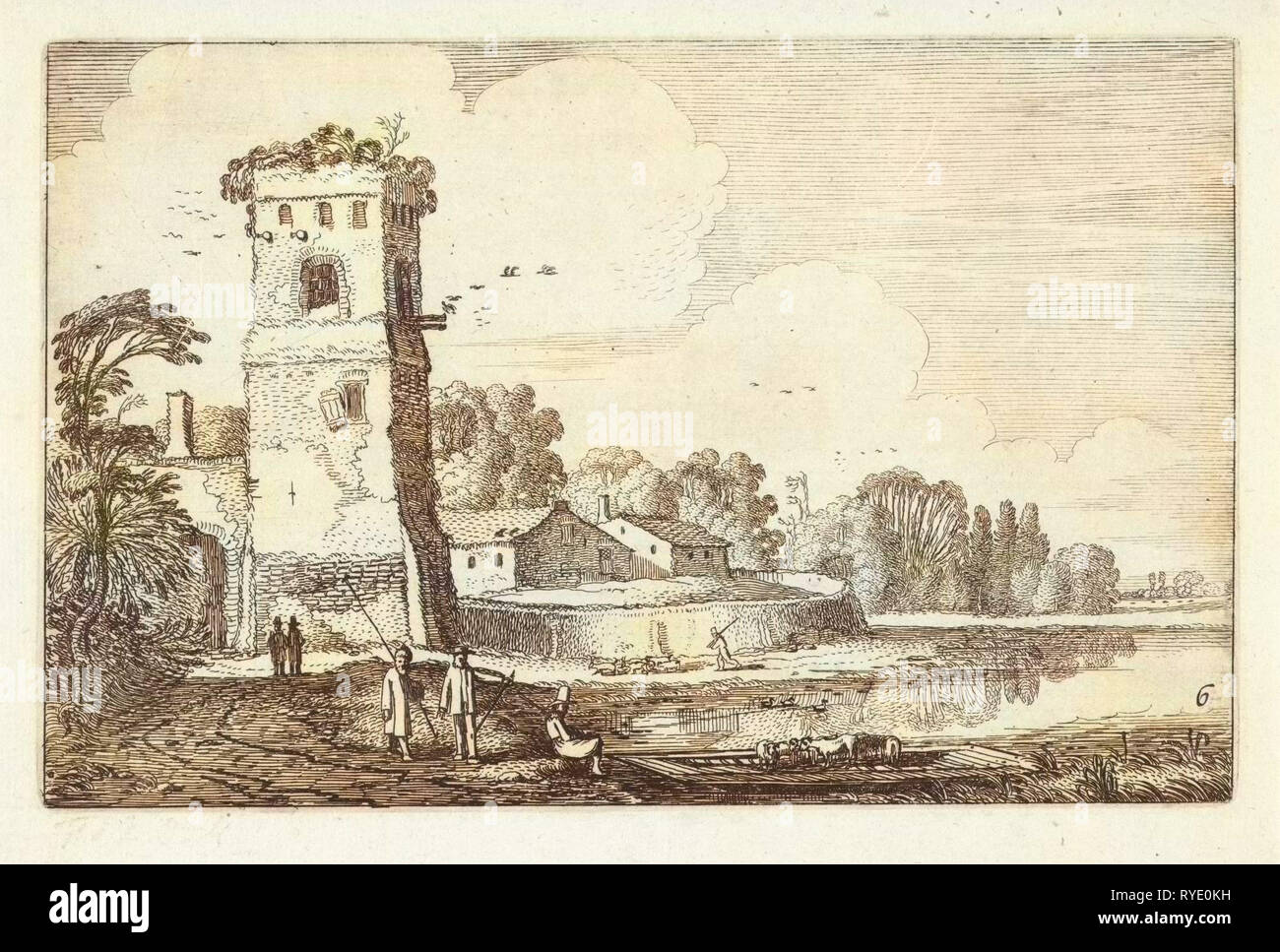 Pont with sheep in a tower in a river landscape, Jan van de Velde (II ...