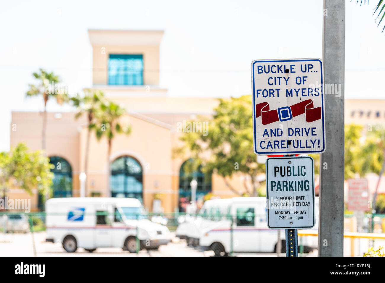 Fort Myers, USA - April 29, 2018: Florida city during day with closeup ...