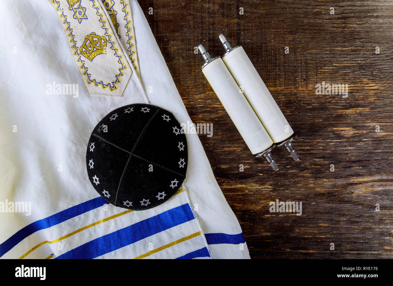 Jewish religion holiday with torah, kippa and talith Stock Photo - Alamy