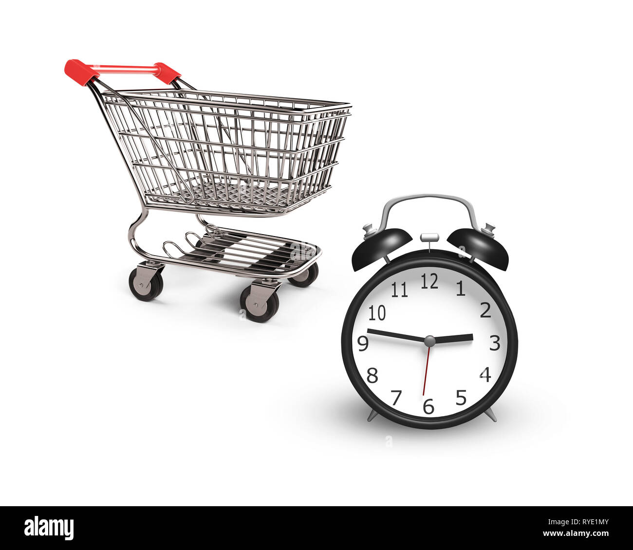 Alarm clock with small shopping cart, isolated on white, limited time ...