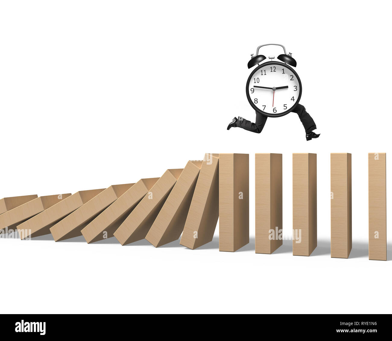 Alarm clock with human legs running on falling wooden dominoes ...