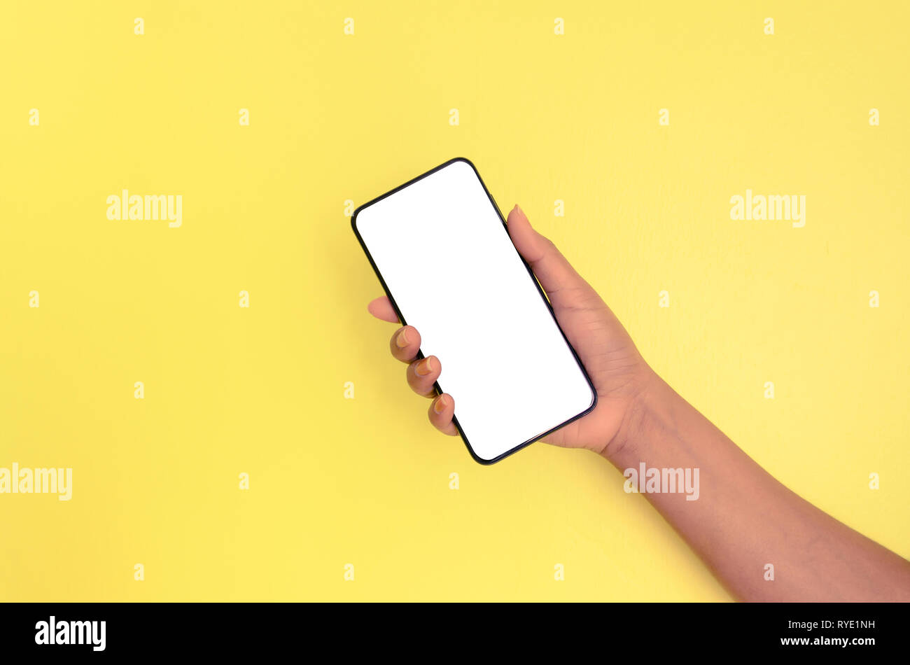 Human hand holding smartphone with white screen background, Mobile ...