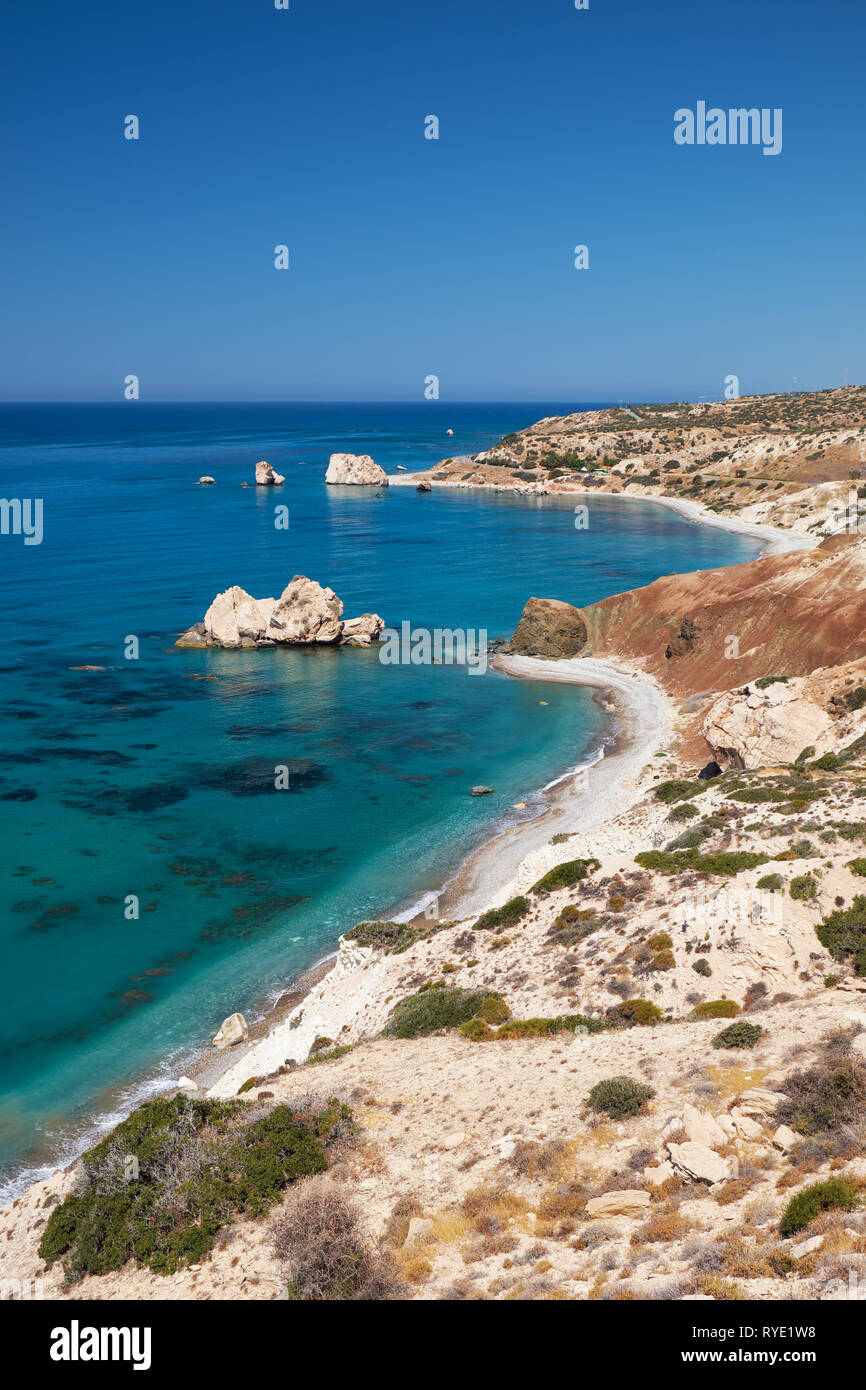 Aerial view on Petra tou Romiou or Aphrodite Rock Beach, one of the ...
