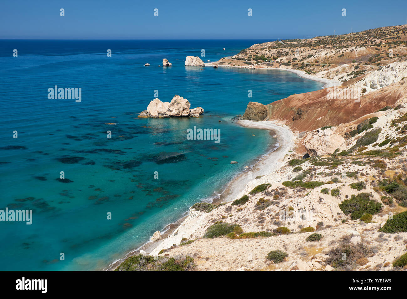 Aerial view on Petra tou Romiou or Aphrodite Rock Beach, one of the ...