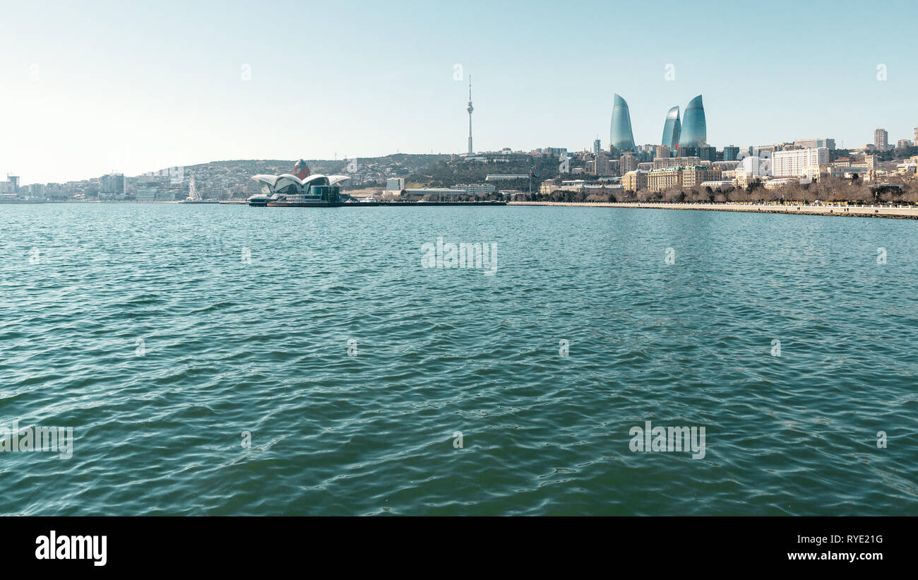 View of the National Seaside Park in Baku city, Azerbaijan, Baku Bay ...