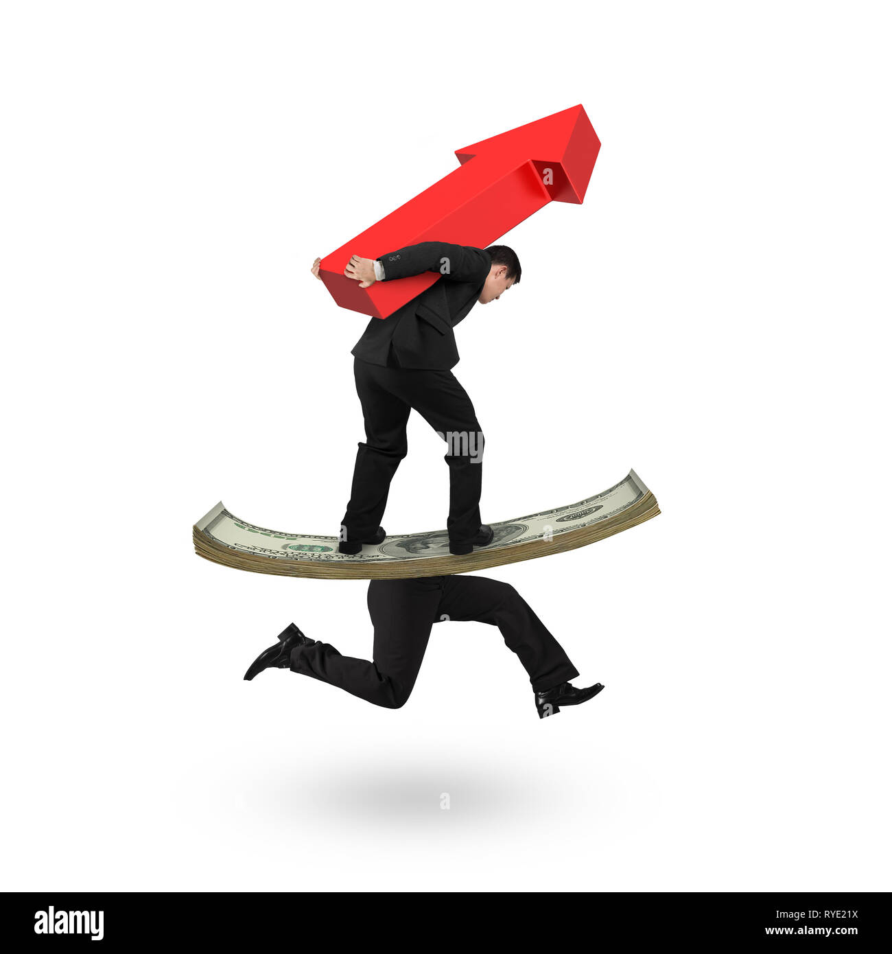 Man carrying red arrow up and balancing on running money with human ...