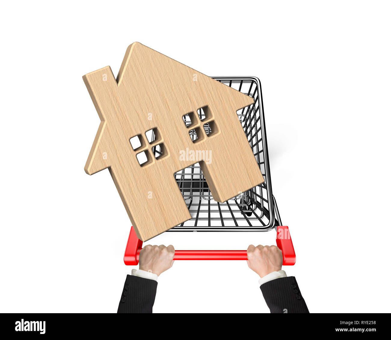 Human hand pushing shopping cart with wooden house, isolated on white ...
