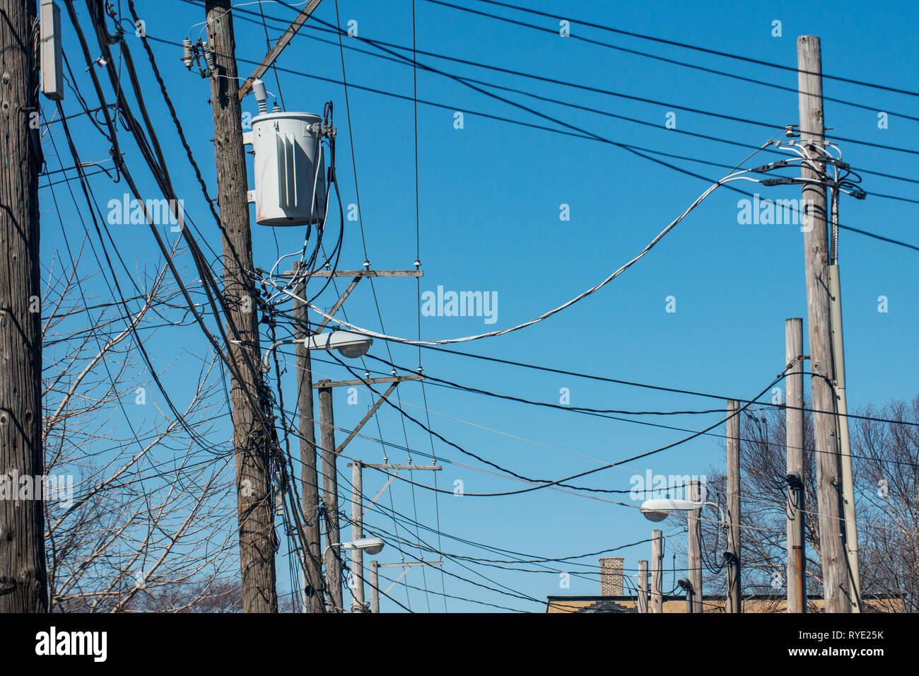 High Voltage Electric Pole with Fuse and Power Cable with bright blue ...