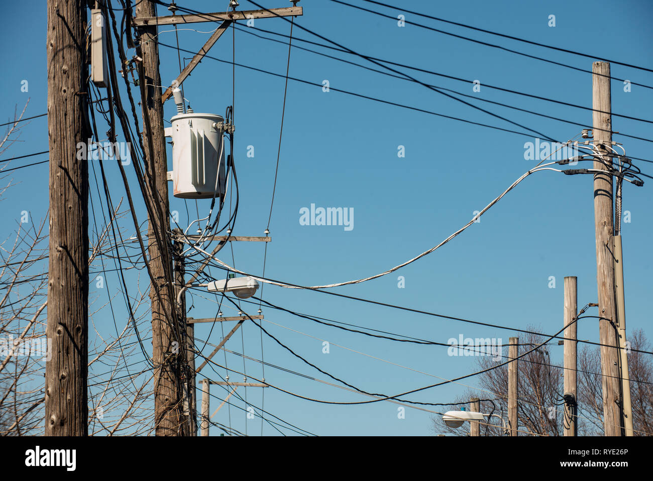 High Voltage Electric Pole with Fuse and Power Cable with bright blue ...