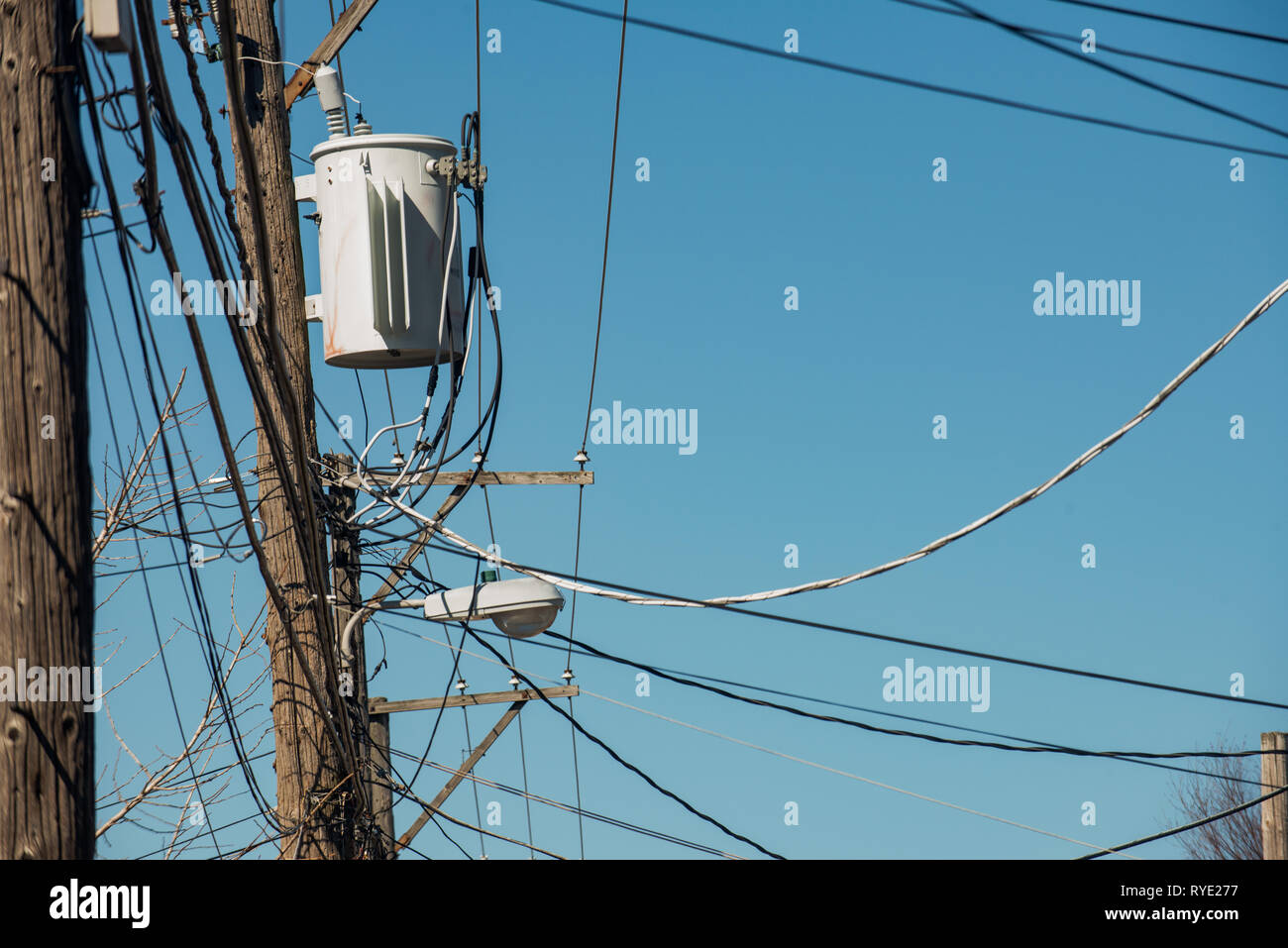 High Voltage Electric Pole with Fuse and Power Cable with bright blue ...