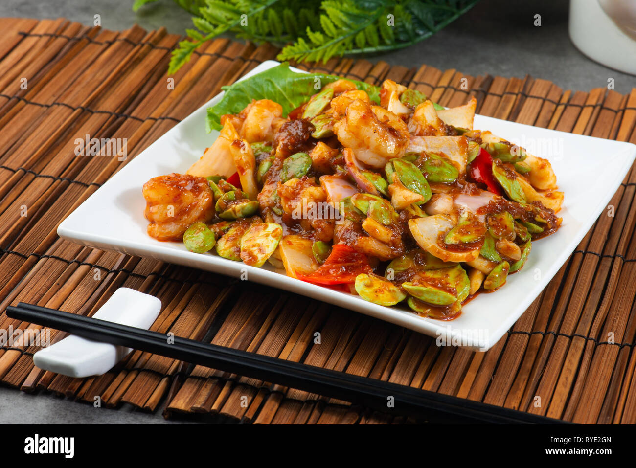 petai ,bitter beans with shrimp, sambal and chilli Stock Photo - Alamy