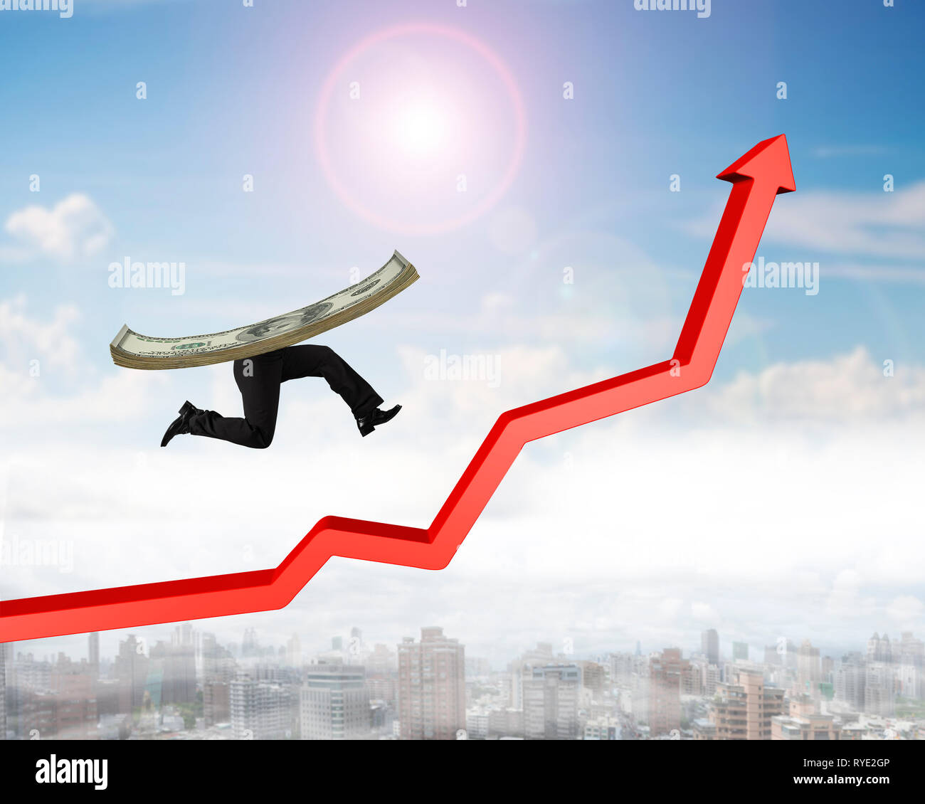 Running money with human legs on red arrow up graph, on sun sky ...