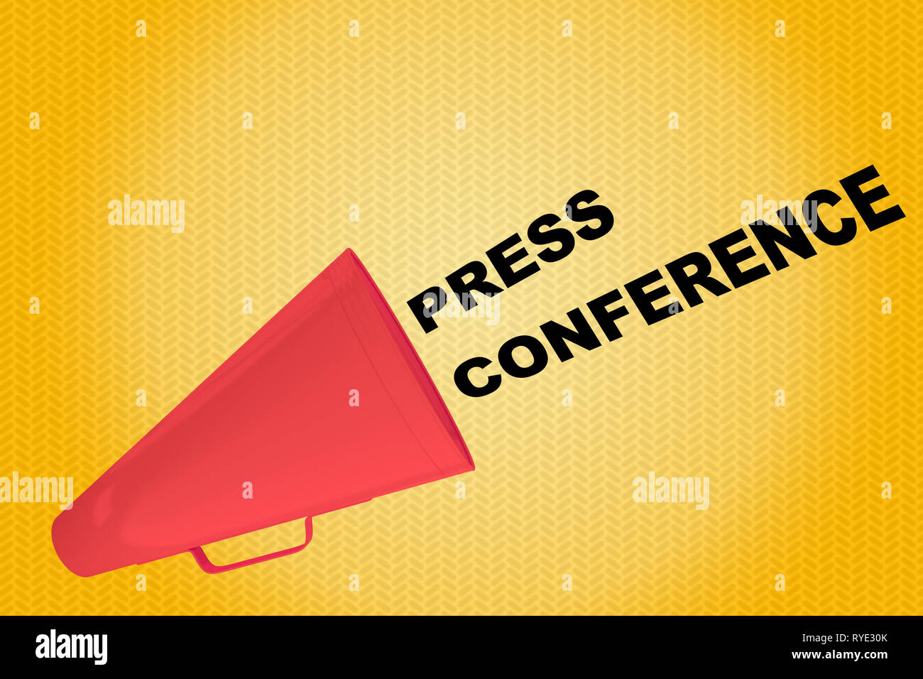 3D illustration of PRESS CONFERENCE title flowing from a loudspeaker ...