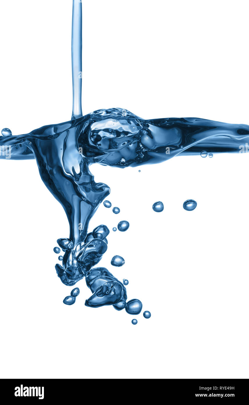 Water splash. Liquid poured into vessel. View through glass wall ...