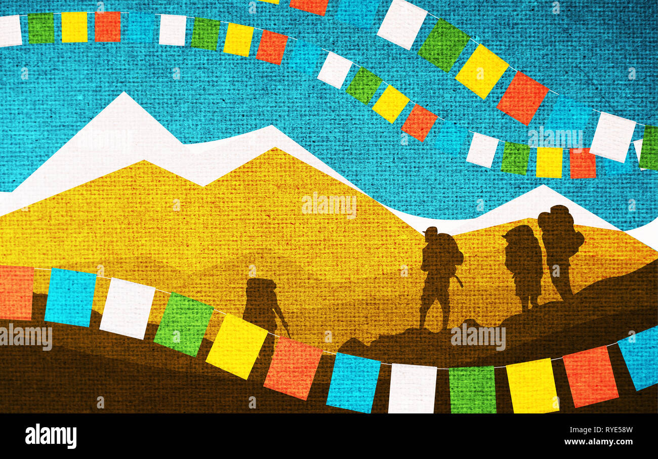Silhouettes of Mountaineers. Mountains and Praying Flags Stock Photo ...