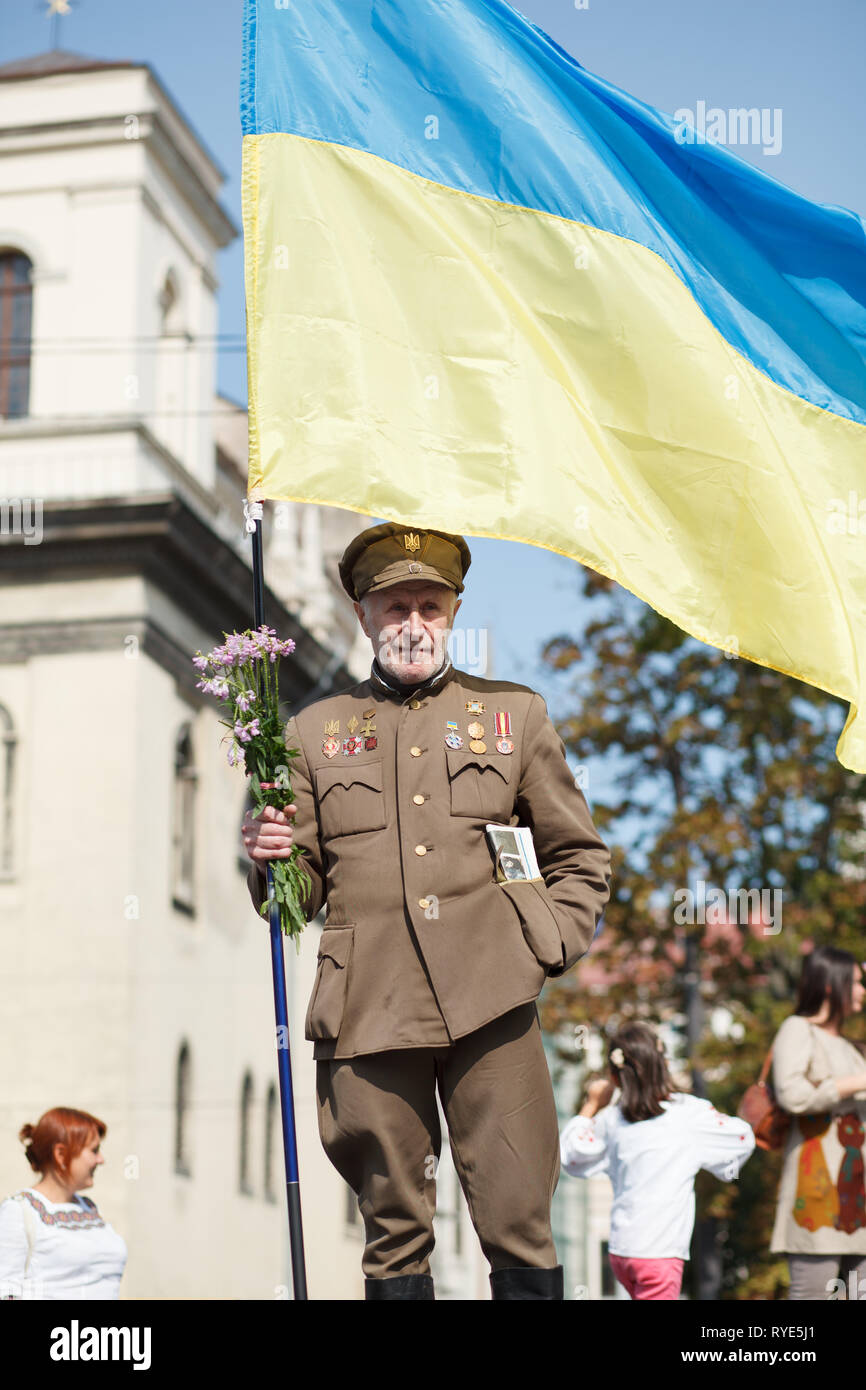 Lviv, UKRAINE - August 24, 2017: A veteran of the Ukrainian Insurgent ...