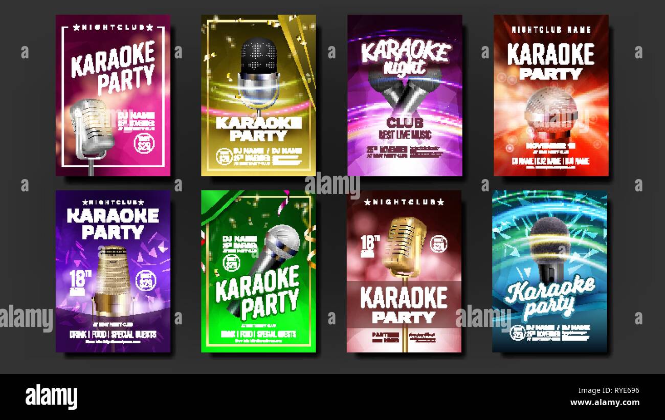 Karaoke Poster Set Vector. Music Night. Sing Song. Dance Event. Vintage ...