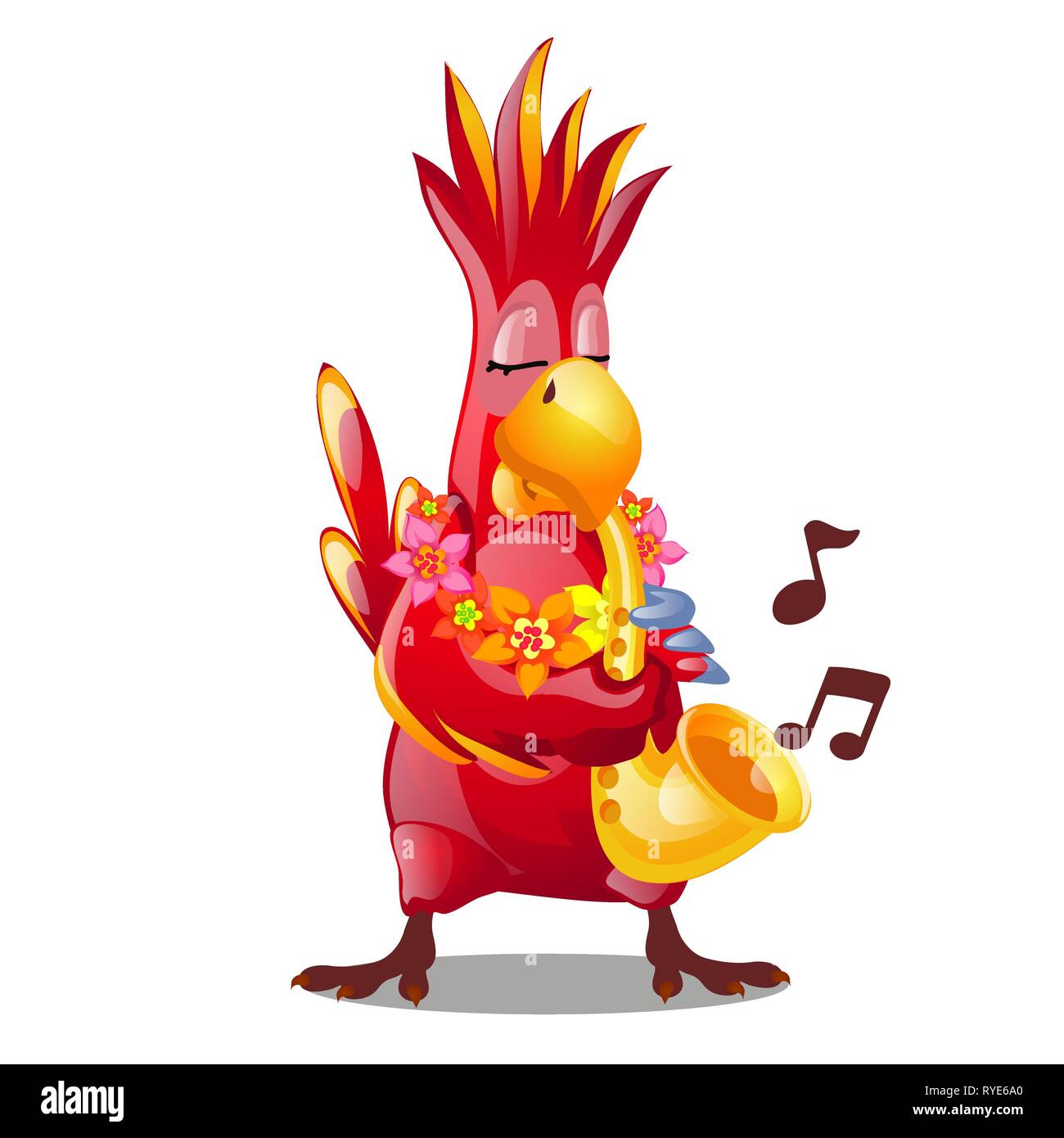 Funny red parrot playing a wind musical instrument isolated on a white ...