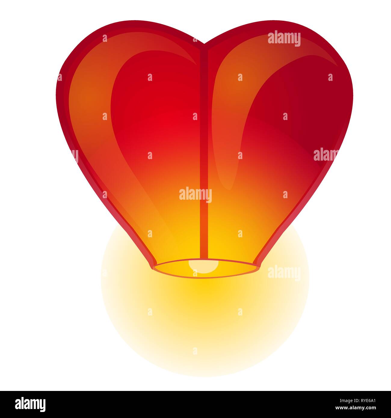 Red Chinese sky lantern in the shape of heart isolated on a white background. Vector cartoon ...