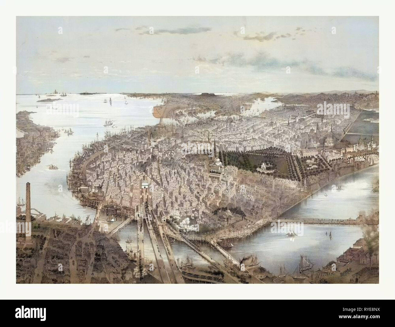 Boston Bird's Eye View from the North, Circa 1877, US, USA, America ...