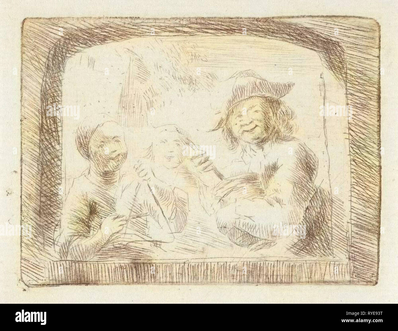 Rumbler player and two children in a niche, print maker: Simon Klapmuts ...