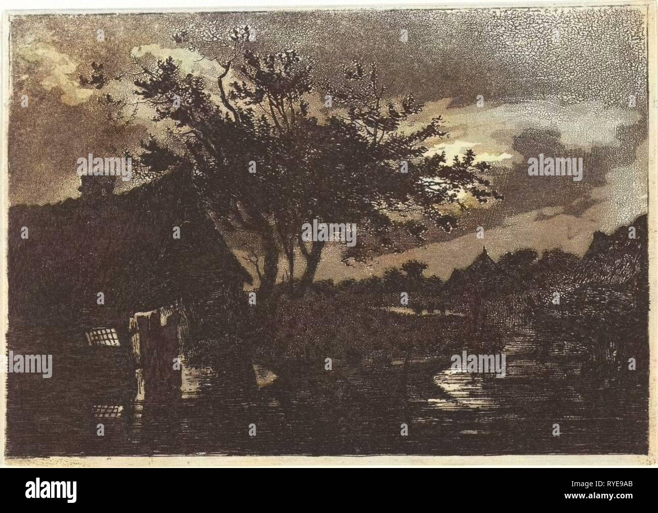 River Landscape with farm, print maker: François Joseph Pfeiffer II ...