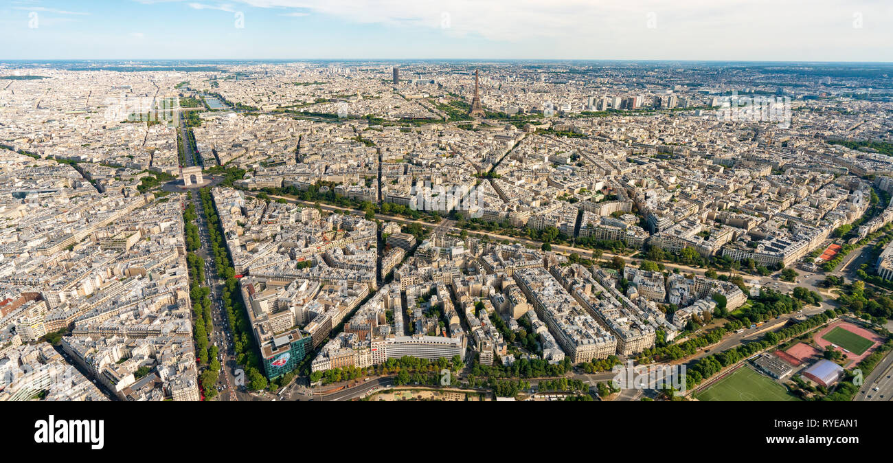 Aerial view of the Arc de Triomphe and the EIffel tower with the district Chaillot, Paris ...