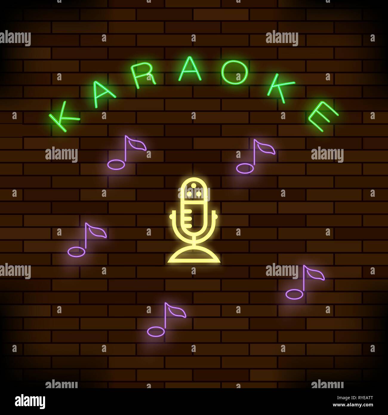 Glowing Light Karaoke on Brick Background. Musical Logo with Microphone ...