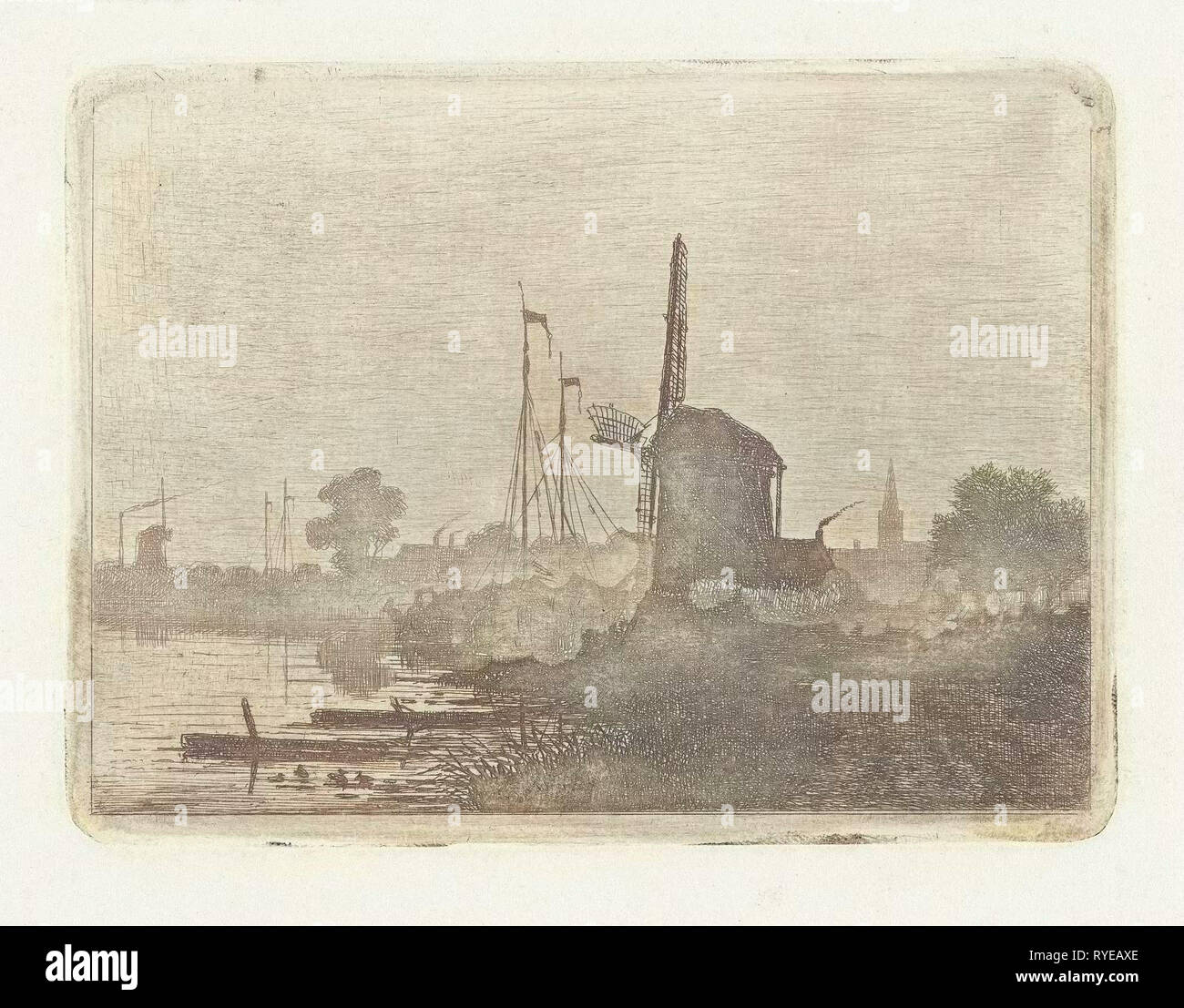 View of a mill on the waterfront, Jan van Lokhorst, 1847-1874 Stock ...