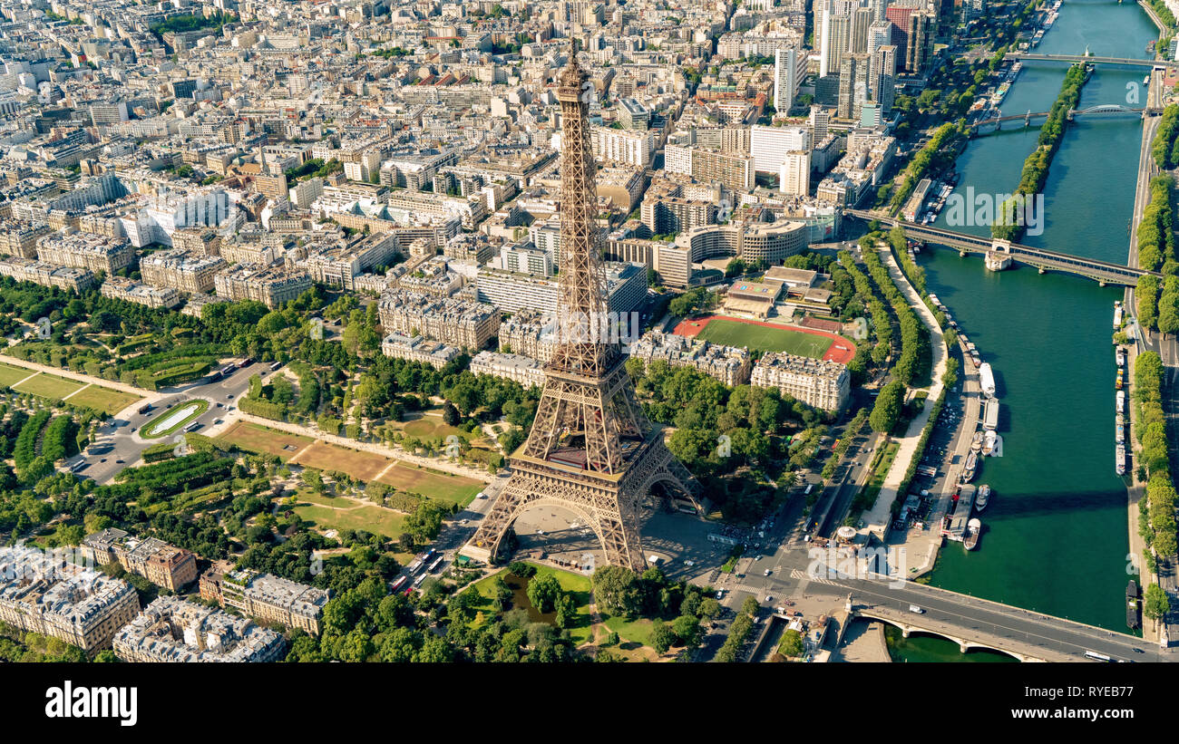 Aerial view of the Eiffel Tower with the park Champ de Mars and the ...
