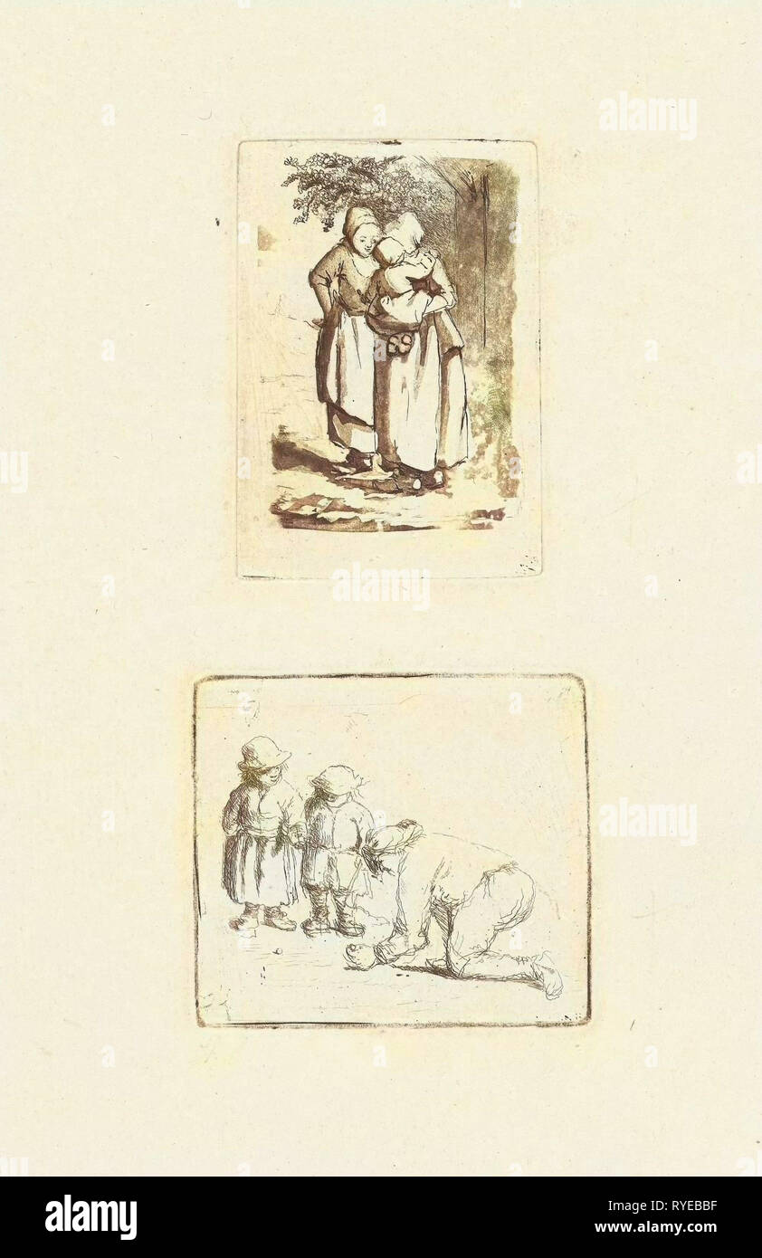 Two standing peasant women, one with a child on her arm, print maker ...