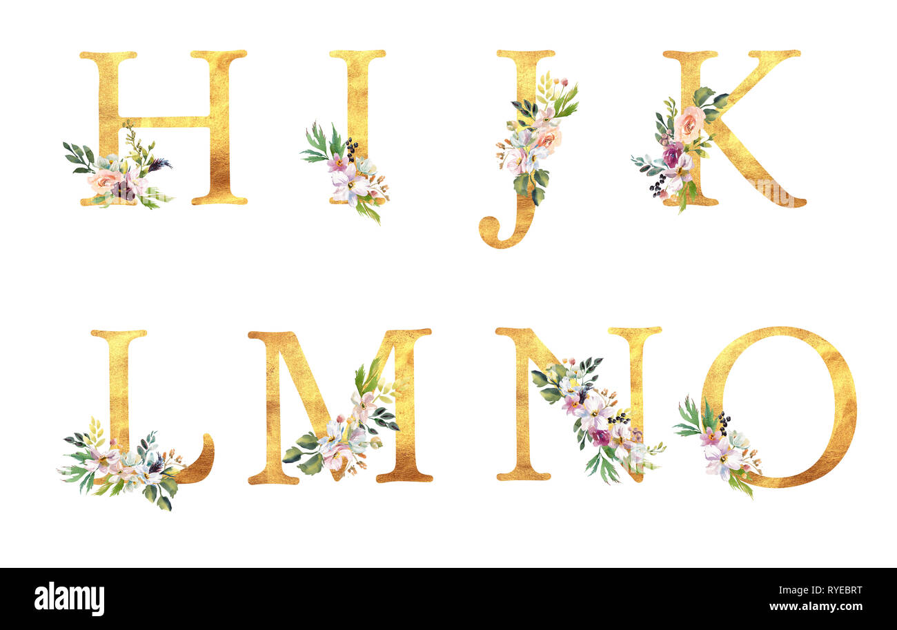 Collection romantic gold letters with drawn watercolor flowers. Elegant ...