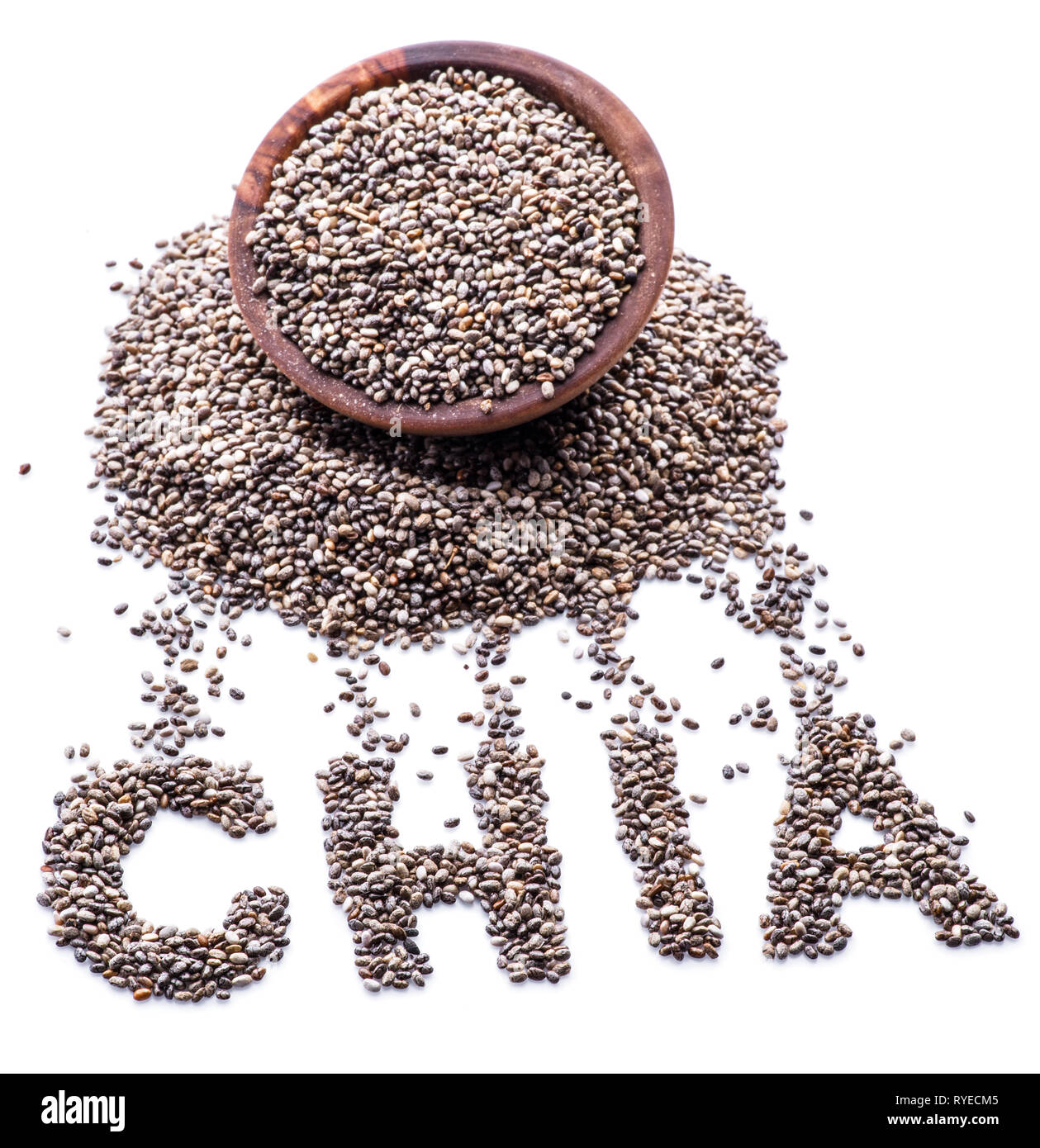 Chia word made up of chia seeds isolated on white background. Top view ...