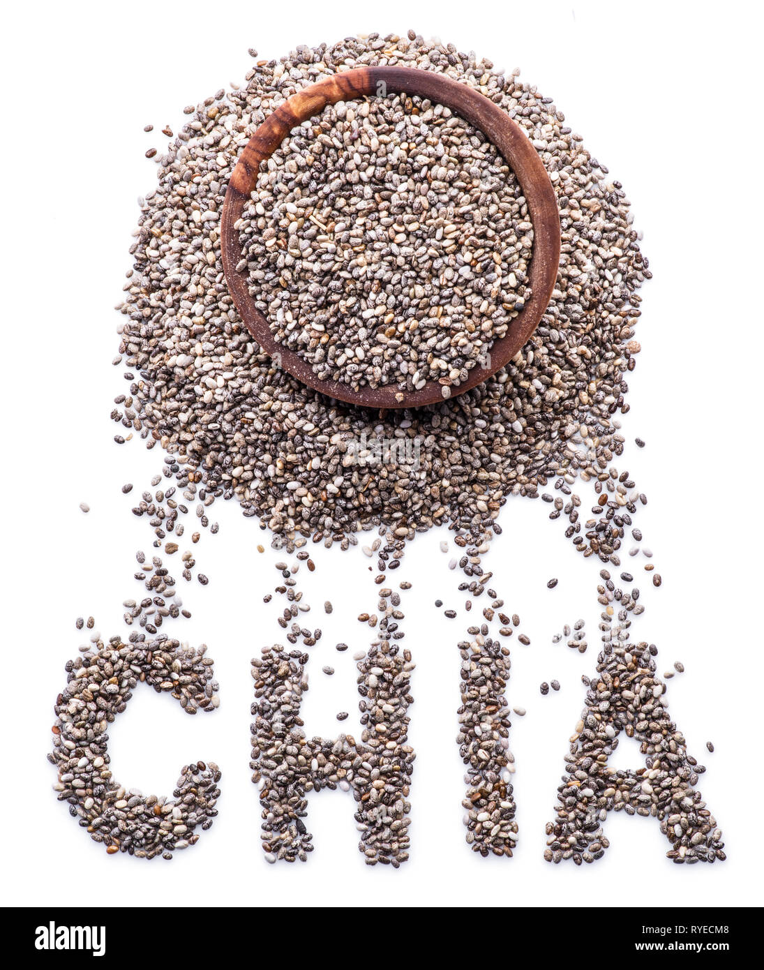 Chia word made up of chia seeds isolated on white background. Top view ...