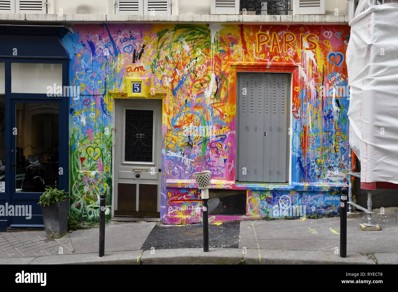 Multicolor façade Street art in Montmartre - Paris - France Stock Photo ...