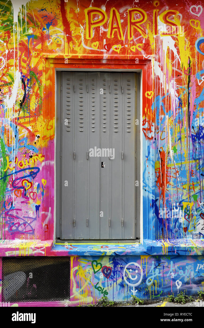 Multicolor façade Street art in Montmartre - Paris - France Stock Photo ...