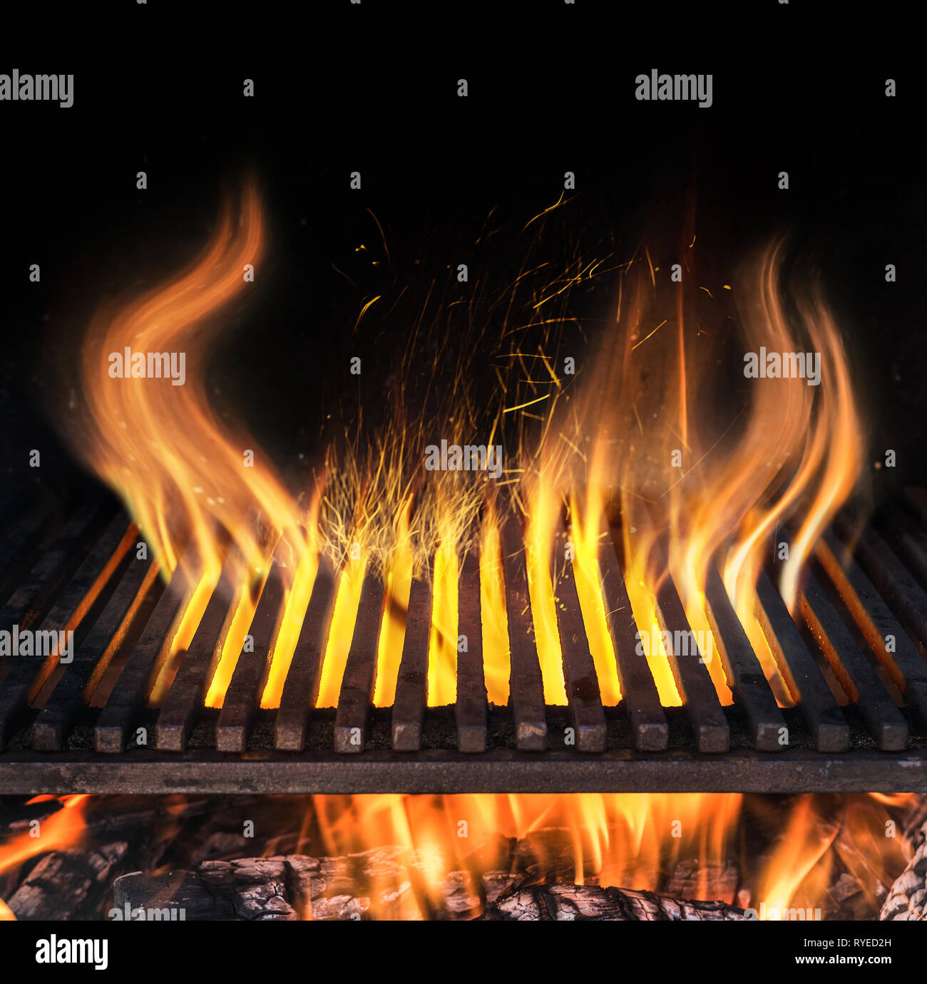 Empty grill grate and tongues of fire flame. Barbeque night background ...