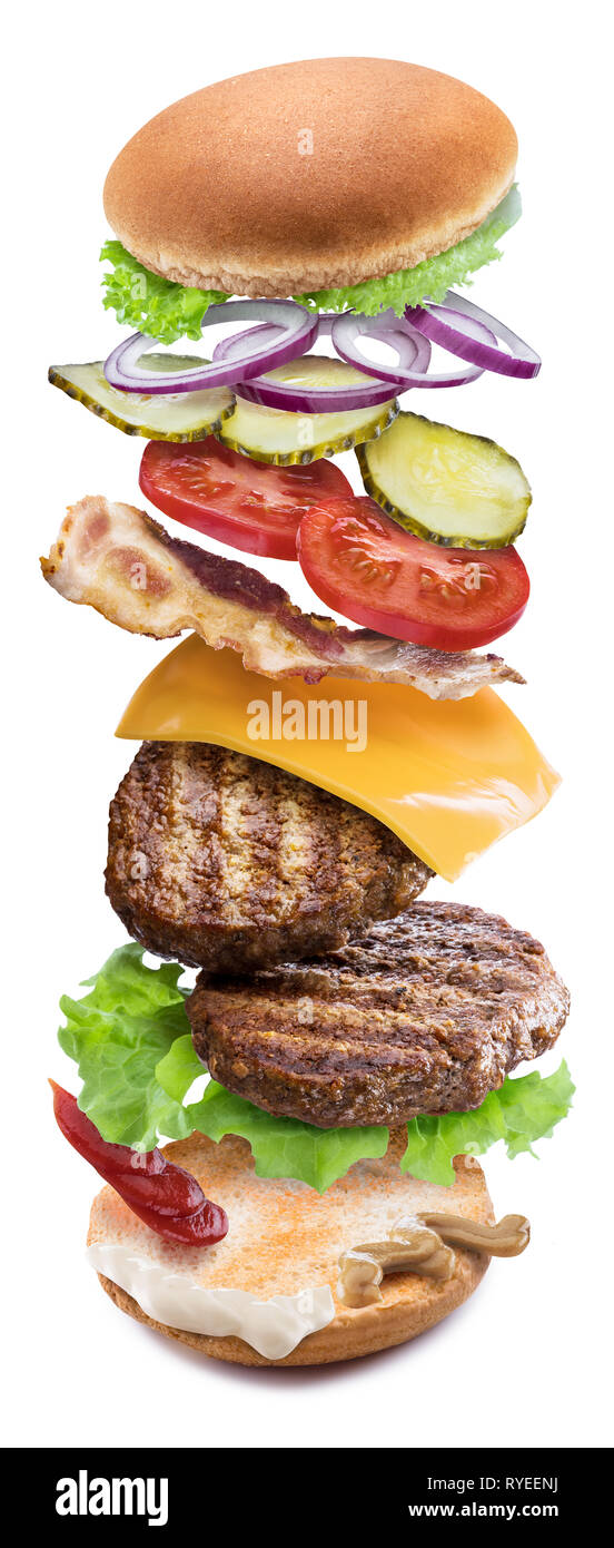 Hamburger ingredients falling down one by one to create a perfect meal ...