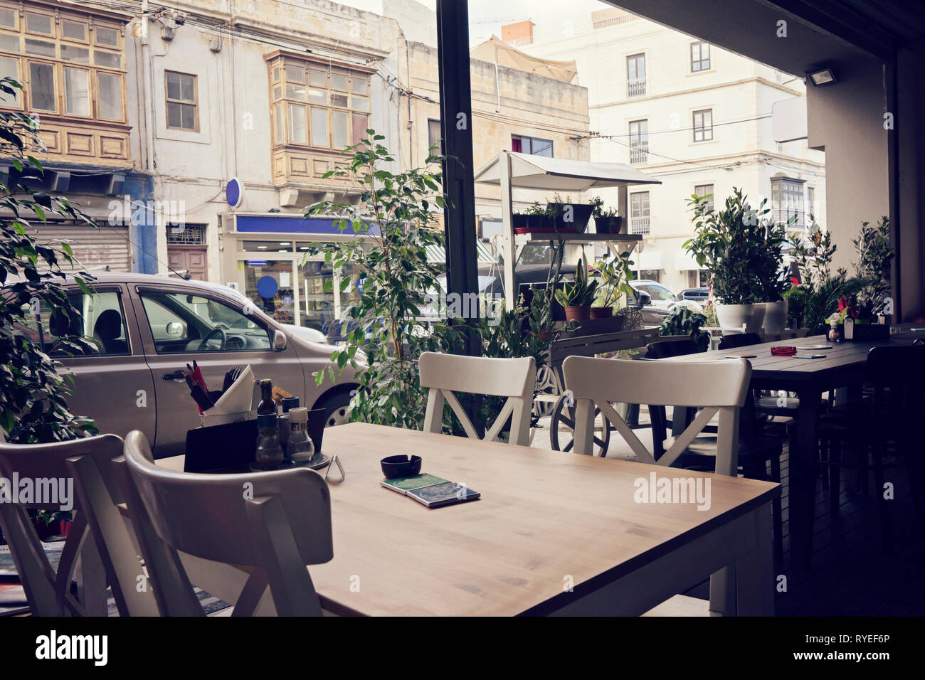Modern interior of street restaurant cafe with open terrace Stock Photo ...