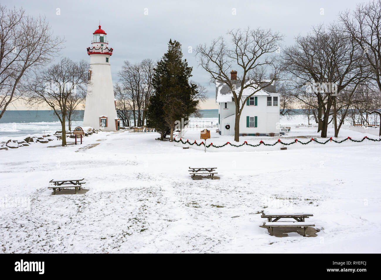 Marblehead Lighthouse in the Winter snow Stock Photo - Alamy
